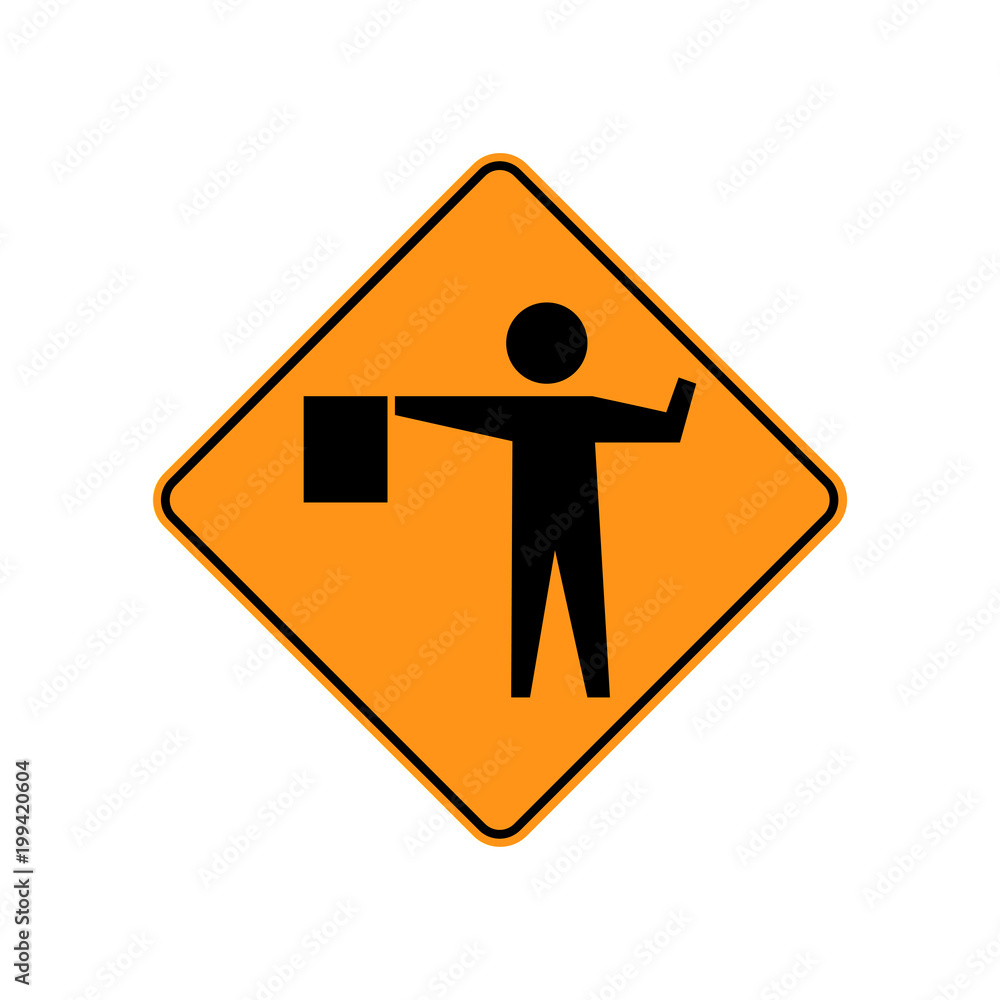 USA traffic road signs. a flagger is stationed ahead to control road ...