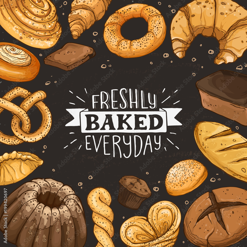 Freshly baked everyday lettering. Square frame composition from hand ...