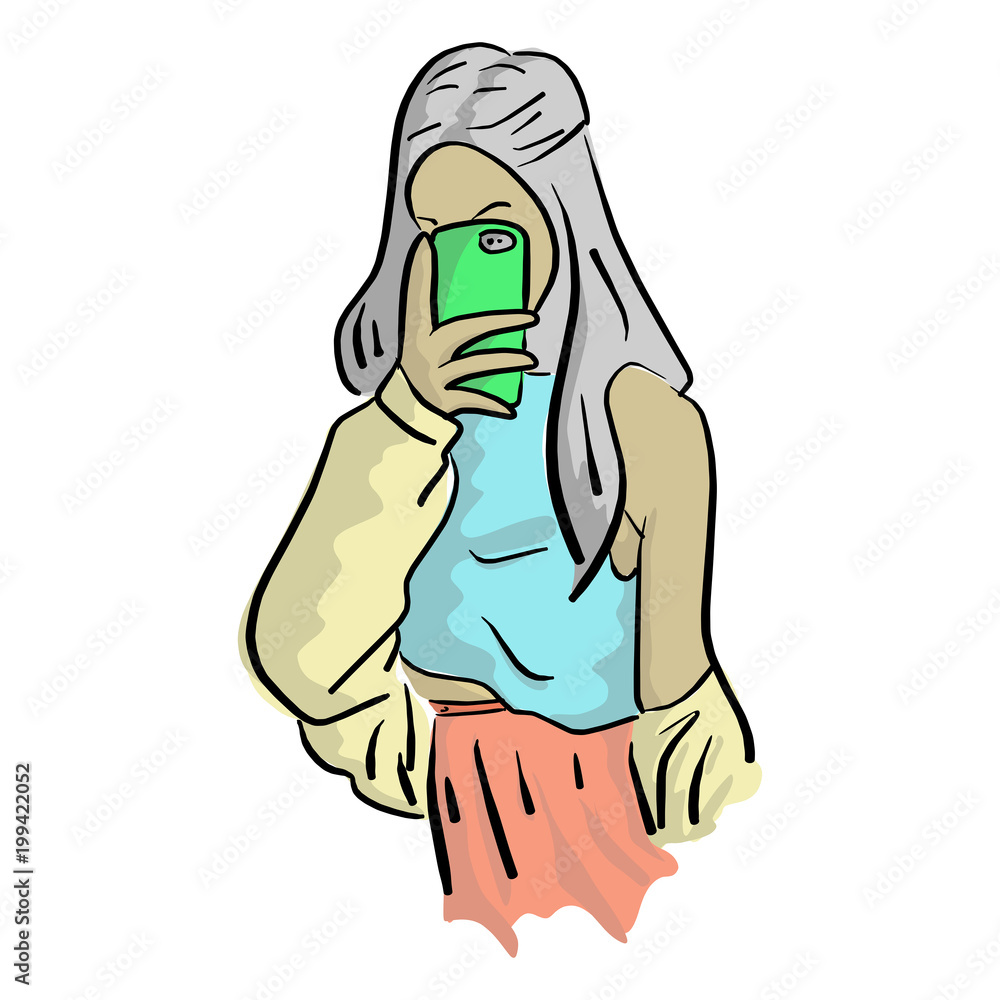 girl using mobile phone to take photo vector illustration sketch hand ...