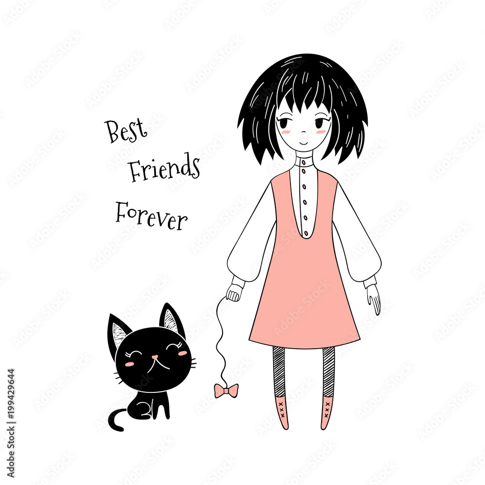 Hand drawn vector illustration of a cute little girl in a pinafore and ...