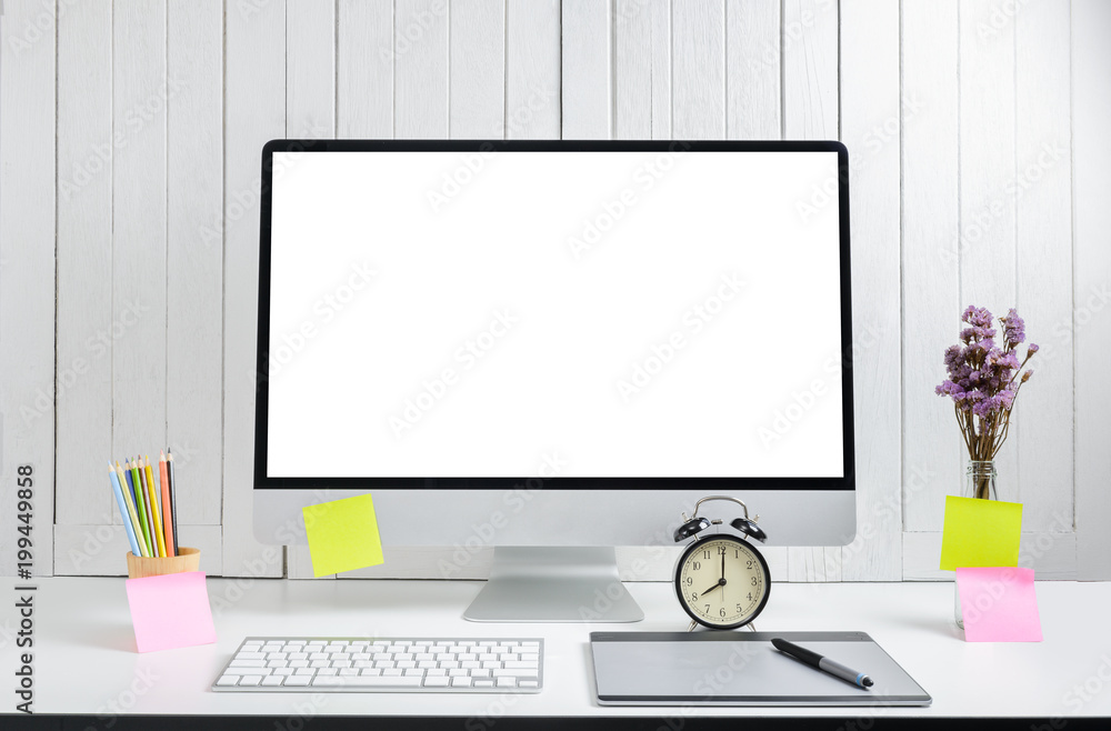workplace background for designers with Blank white screen modern ...