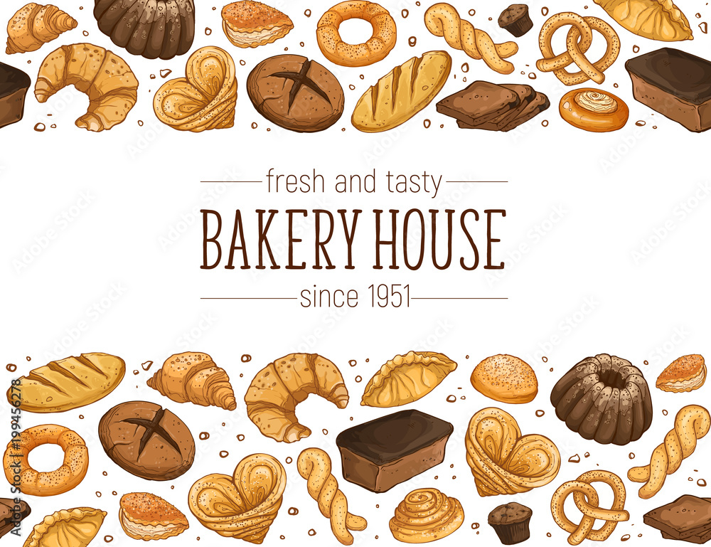 Bakery House. Horizontal border composition from hand drawn bread ...