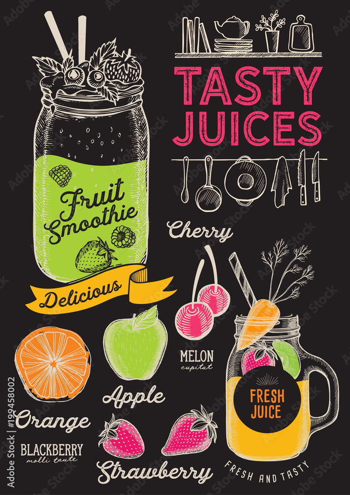 Juice and smoothie restaurant menu. Vector drink flyer for bar and cafe ...