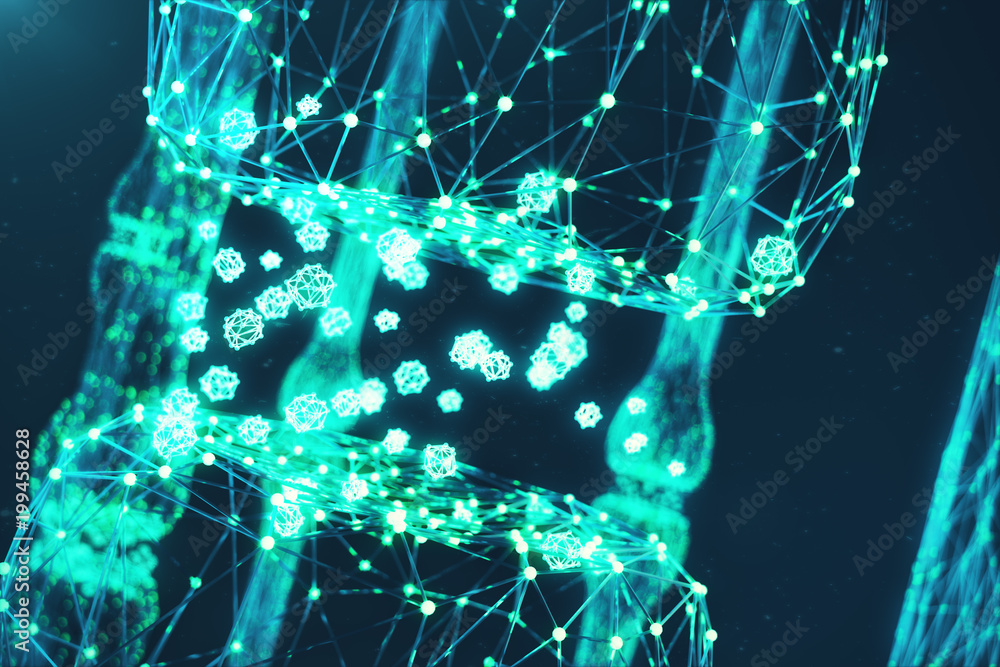 3D rendering blue glowing synapse. Artificial neuron in concept of artificial intelligence ...