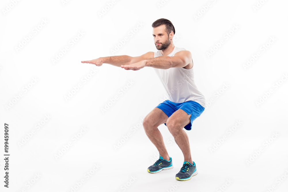 Full-length, half turned portrait of active, sporty, attractive person ...