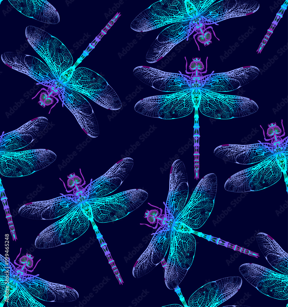 Dragonfly. Seamless Pattern. Dark blue backgrounds. Summer night. Stock ...