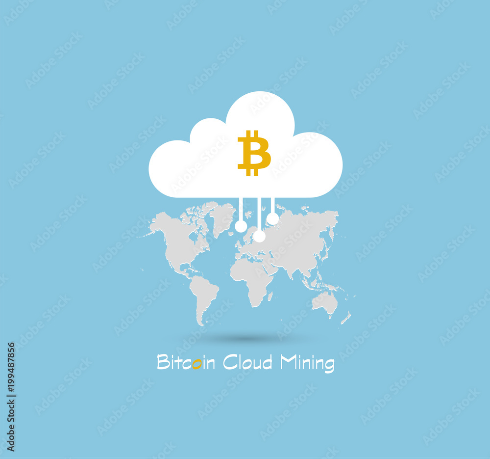Bitcoin Cloud Mining or hashing symbol on blue sky background with gray ...