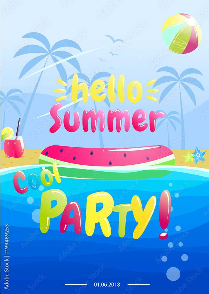 Hello summer party banner design. Swimming pool in the aquapark. Stock ...