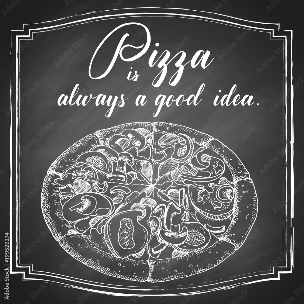 Hand drawn full pizza vintage sketch on black chalkboard background ...