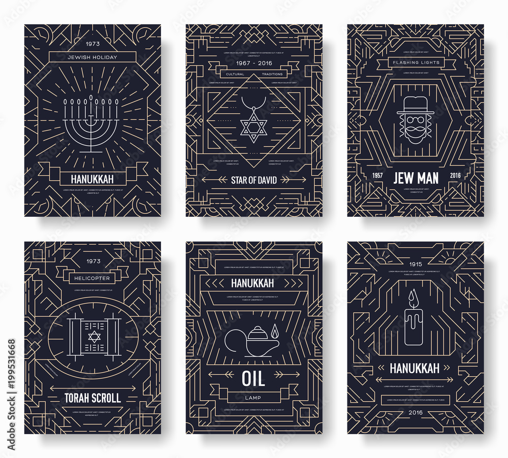 hanukkah thin line brochure cards set. Jewish traditional template of ...