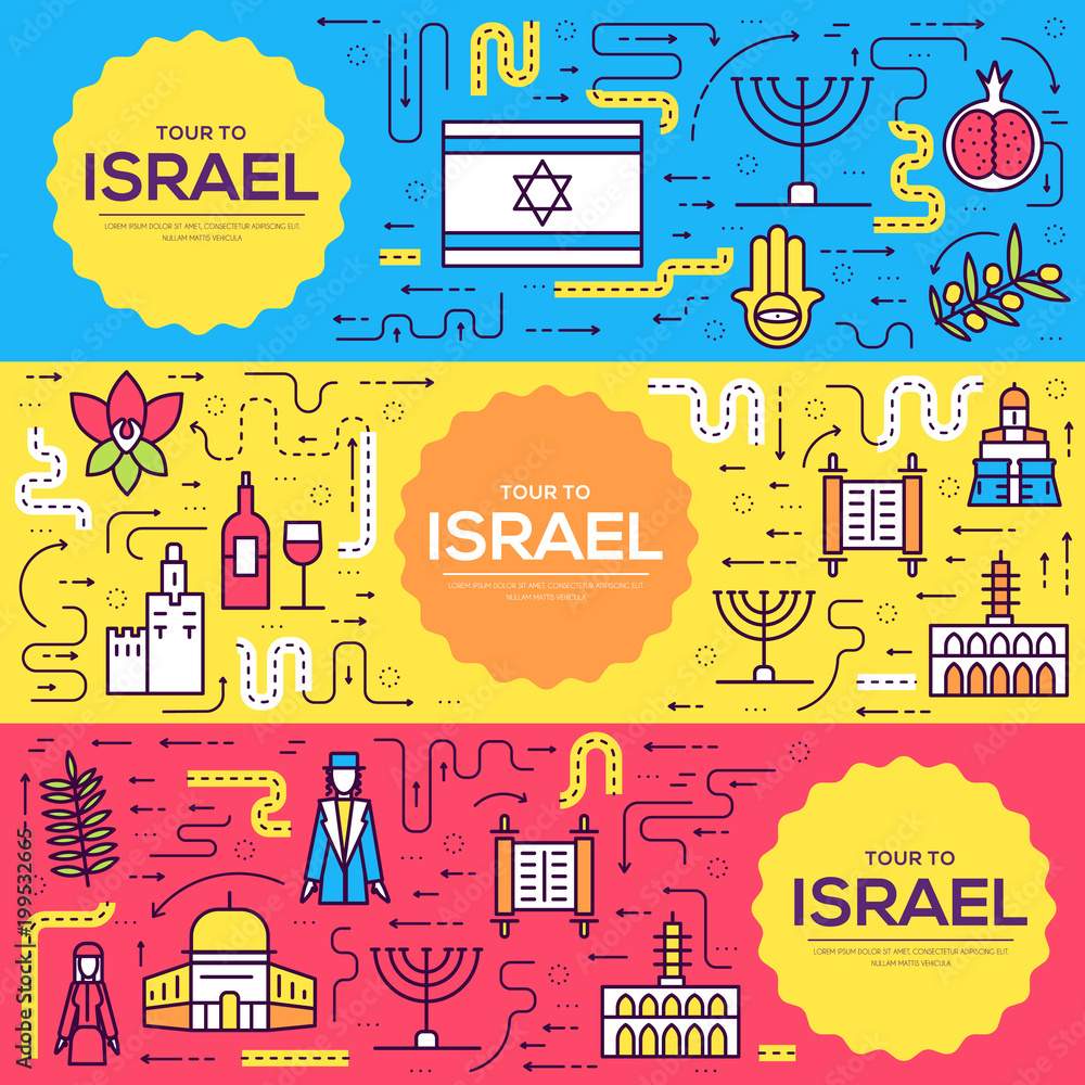 Israel vector brochure cards thin line set. Country template of flyear ...