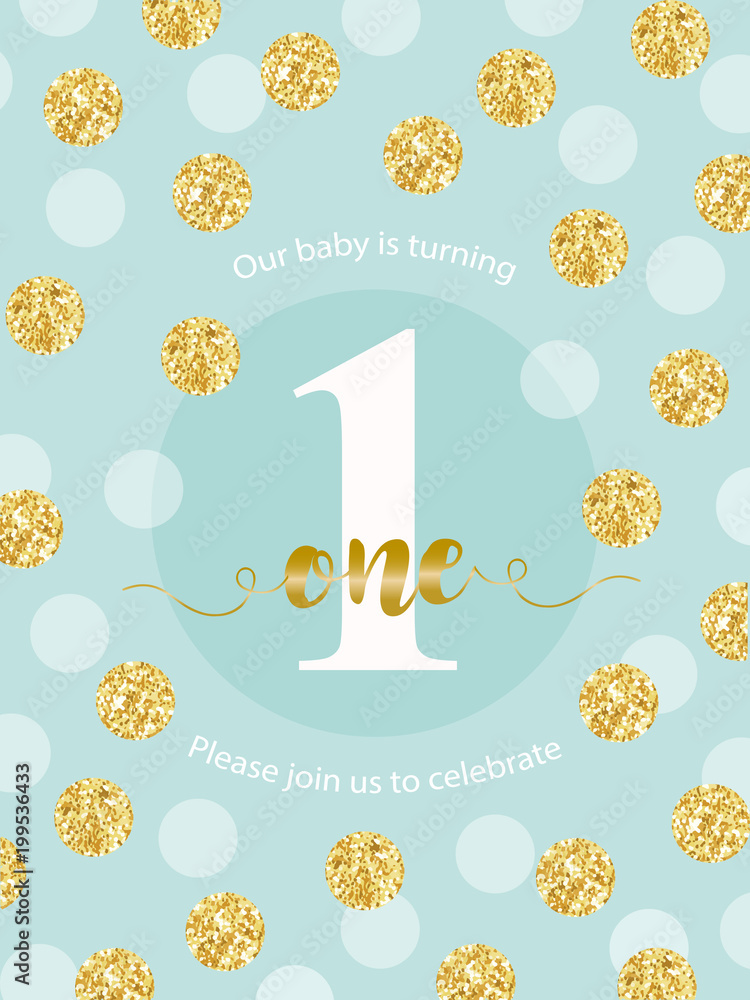 Cute baby first birthday card with golden glitter confetti for your ...