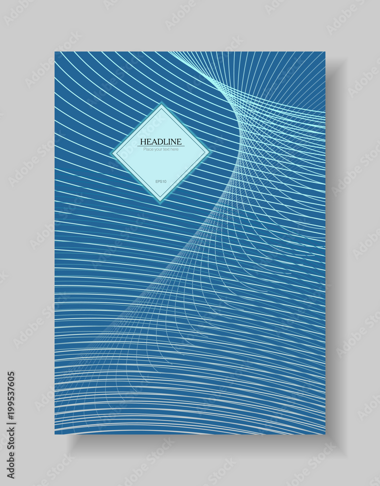 Cover template of line art design. Abstract cyan lines pattern on dark ...