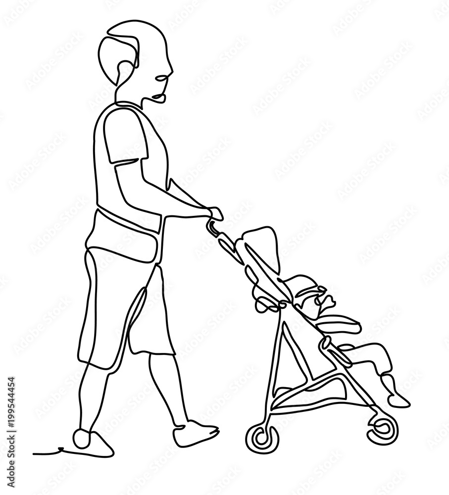 Full length portrait of a male pushing a baby stroller isolated on ...