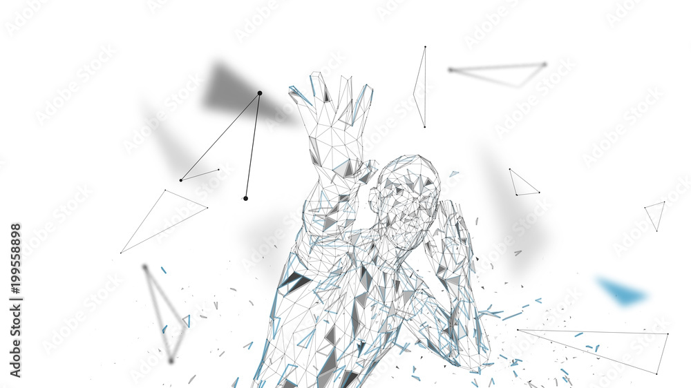 Conceptual abstract man is afraid of fear. Connected lines, dots ...