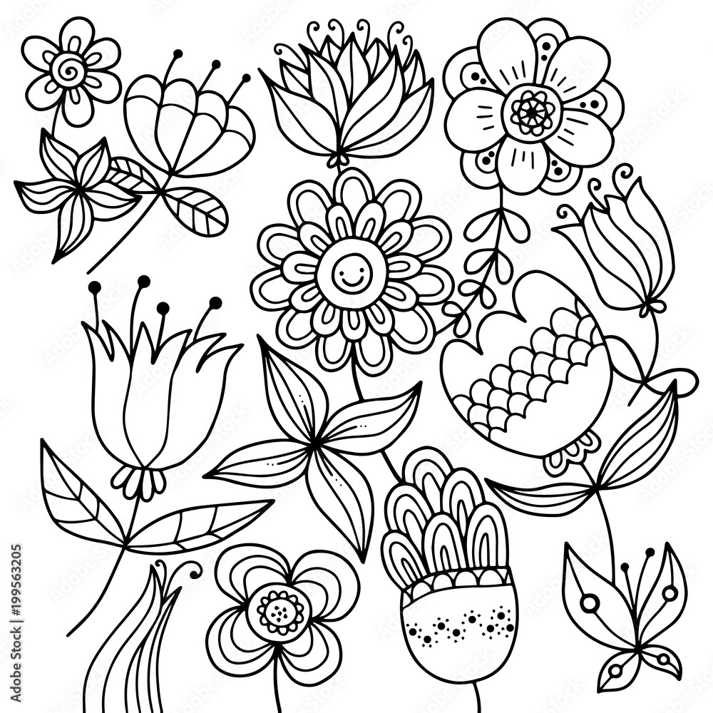 Black and white vector doodle with flowers. Perfect for coloring. Stock ...