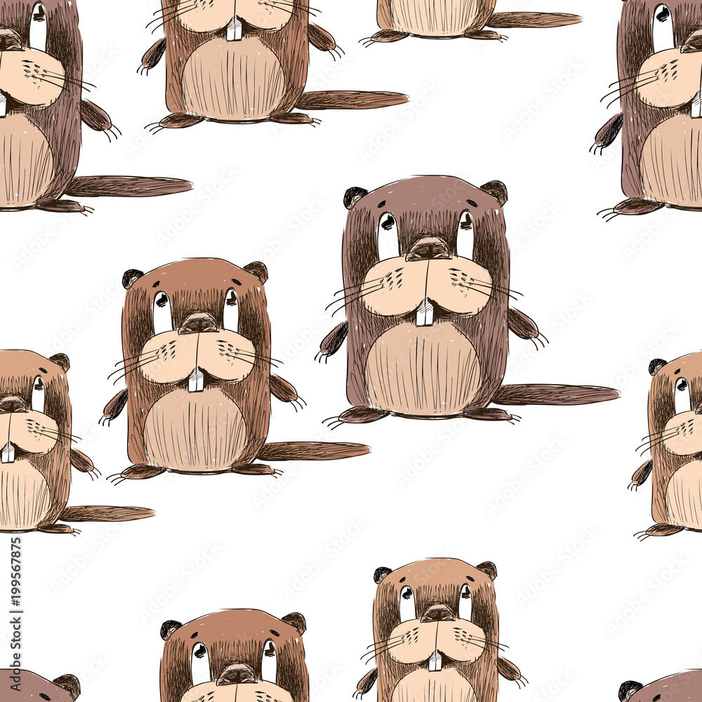Seamless background of a family of cartoon beavers Stock Vector | Adobe ...