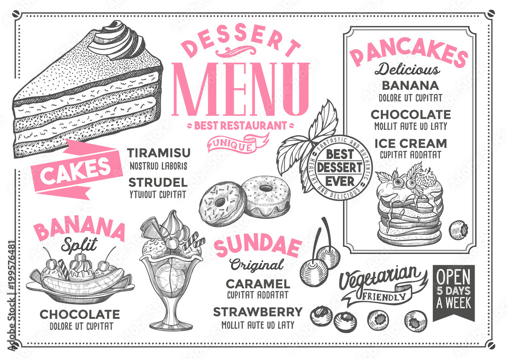 Dessert restaurant menu. Vector food flyer for bar and cafe. Design ...