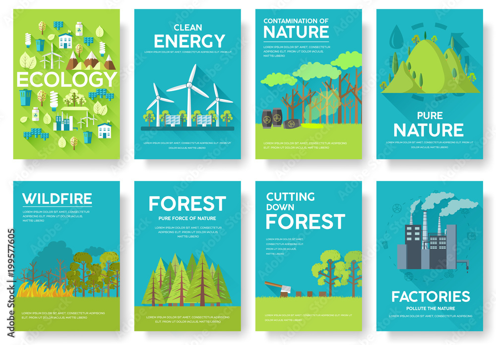 Ecology information cards set. Ecological template of flyear, magazines ...