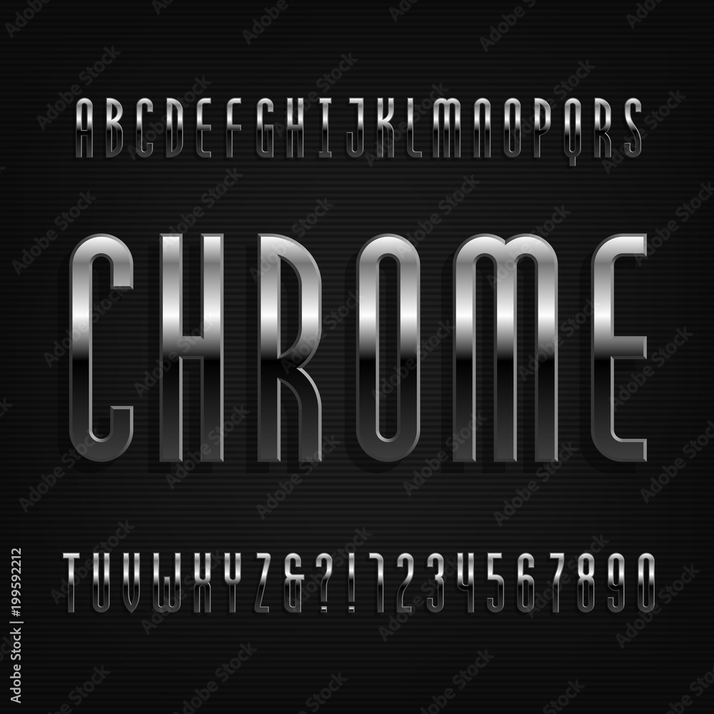 Chrome effect alphabet font. Thin metal letters, numbers and symbols ...