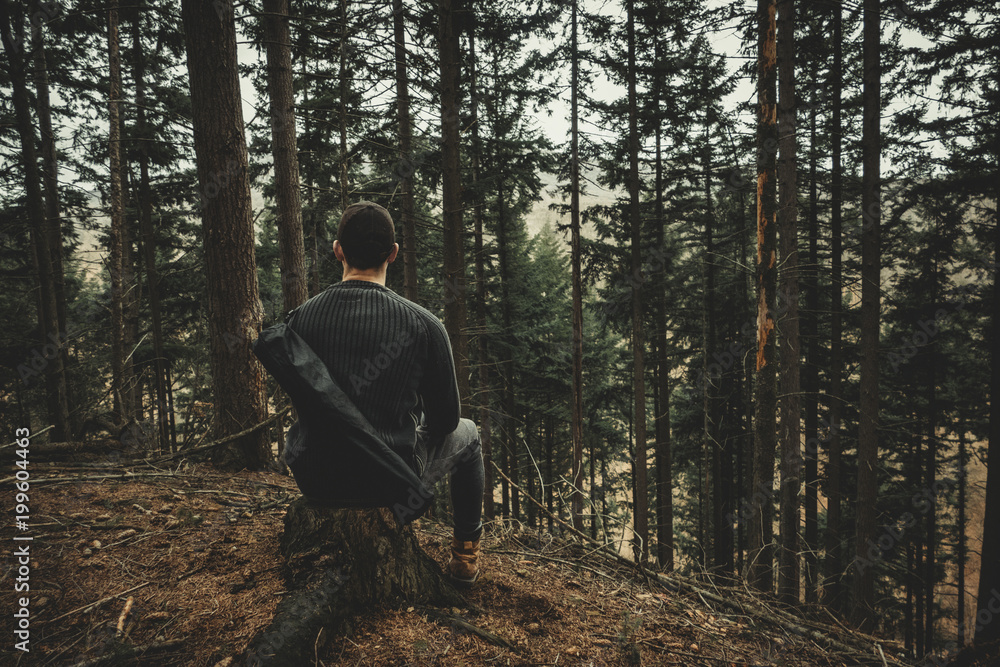 Young man (camper and hiker) sitting on the stump on peak in coniferous ...
