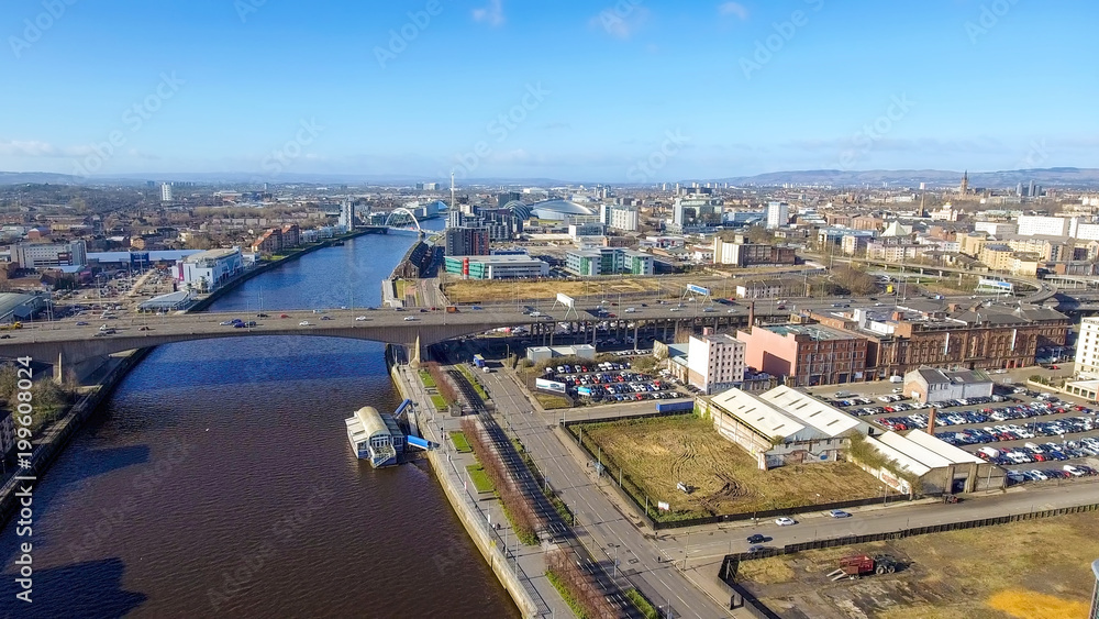 Aerial image of Glasgow Cityscape from over the River Clyde near the ...