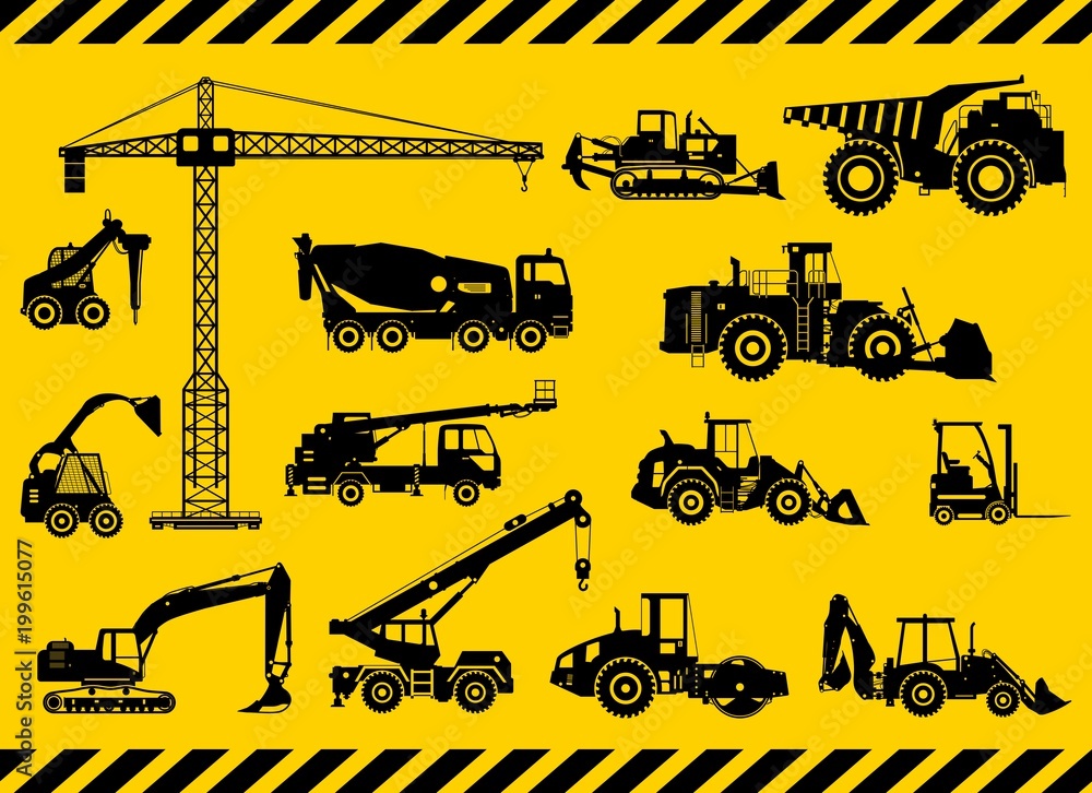 Set of detailed heavy construction and mining machines in flat style on ...