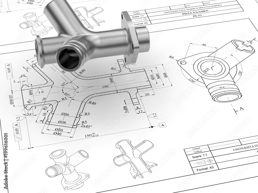 3D render - part floating over a 2D drawing Stock Illustration | Adobe ...