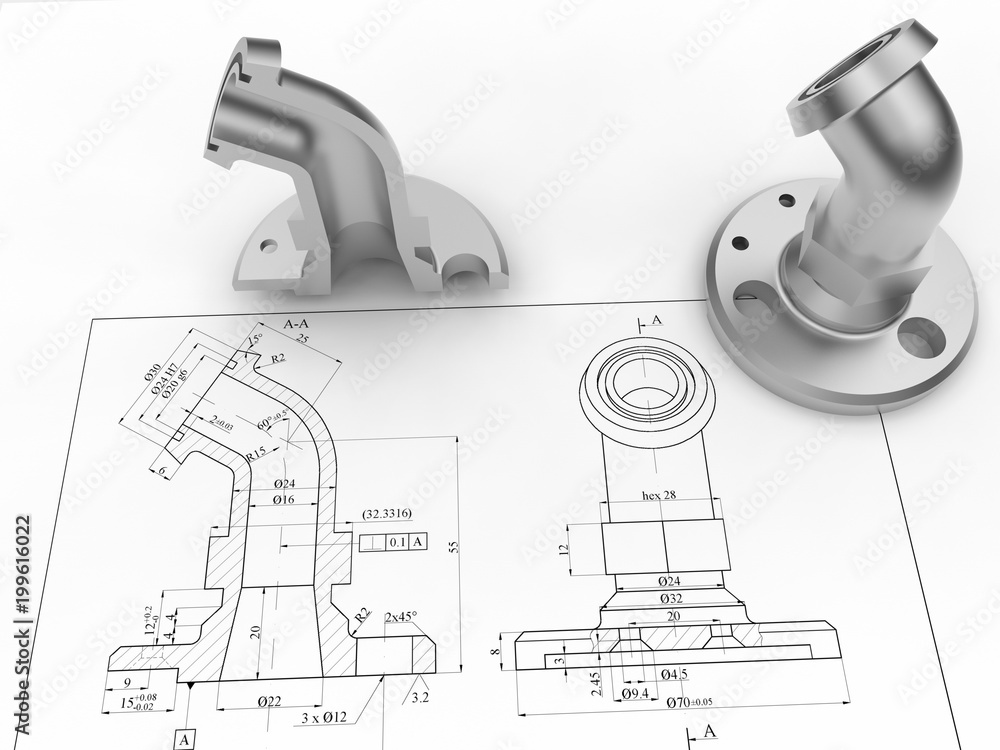 3D concept - computer aided flang on a 2D drawing Stock Illustration ...