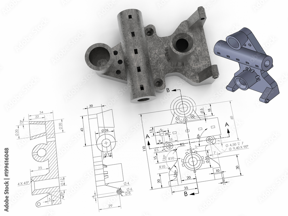 2D iron cast part technical drawing Stock Illustration | Adobe Stock