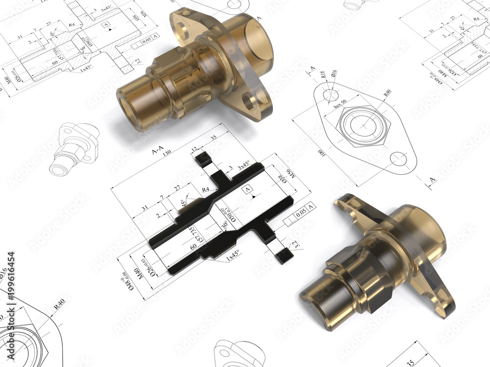 Transparent engineering part over a 2D drawing Stock Illustration ...