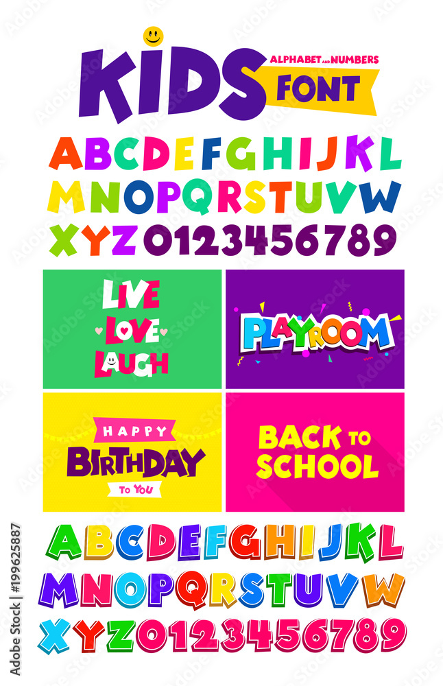Kids font in the cartoon style, alphabet and numbers. Set of ...