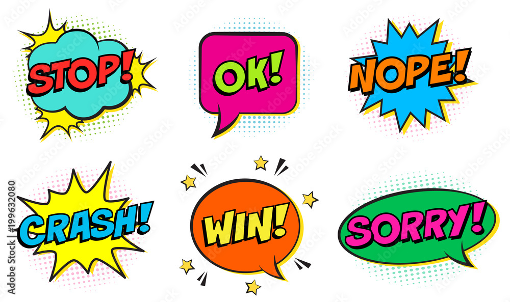 Retro comic colorful speech bubbles set on white background. Expression ...