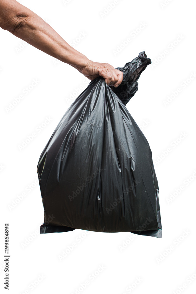 Old hand holding plastic bag on white background Stock Photo | Adobe Stock