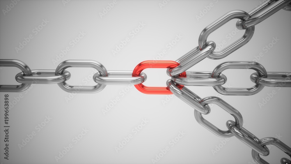 3D rendering Chains connected by red link. Connected group leadership ...