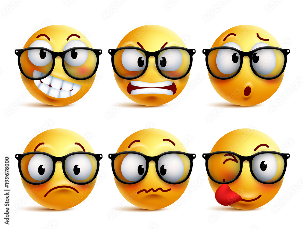 Smileys vector set of yellow nerd emoticons with eyeglasses and funny ...