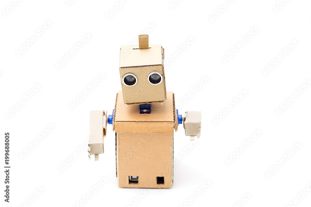 Cardboard robot with hands on a white background. Artificial ...