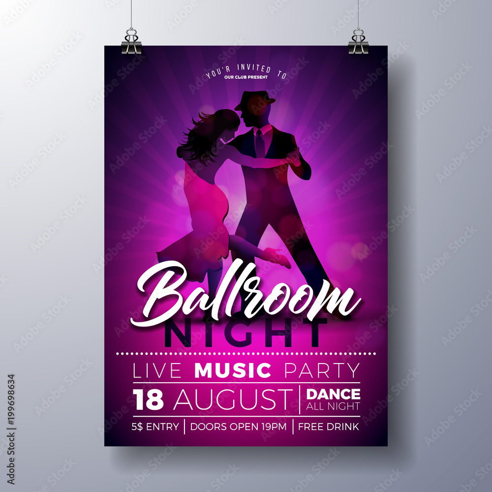 Ballroom Night Party Flyer illustration with couple dancing tango on ...