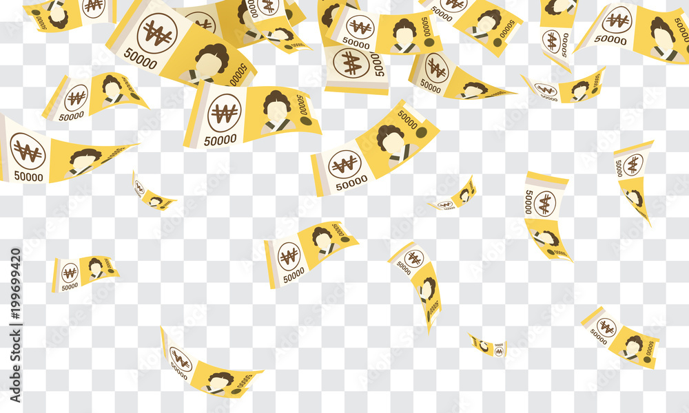 South Korean won banknotes falling on fake transparent background. KRW ...