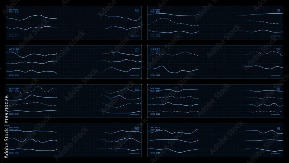 Monochromatic, eight-panel visual display of animated line graphs ...