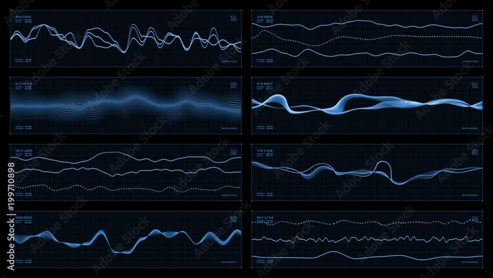 Monochromatic multi-panel visual display: animated line graphs ...
