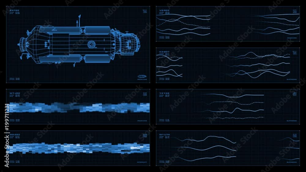 Monochromatic multi-panel visual display: wireframe, animated line ...