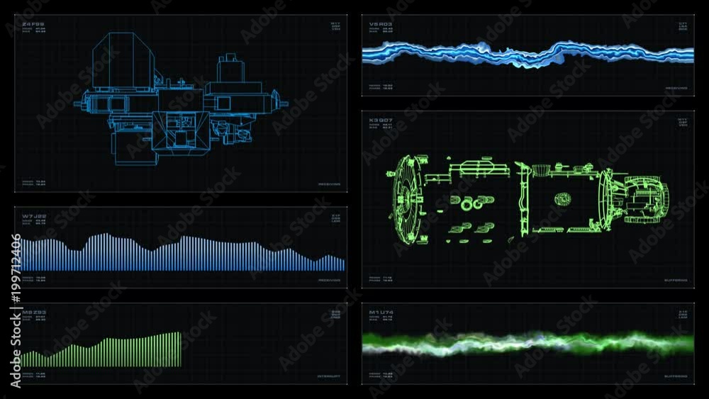 Multi-panel visual display: wireframes, graphs, readouts and indicators ...