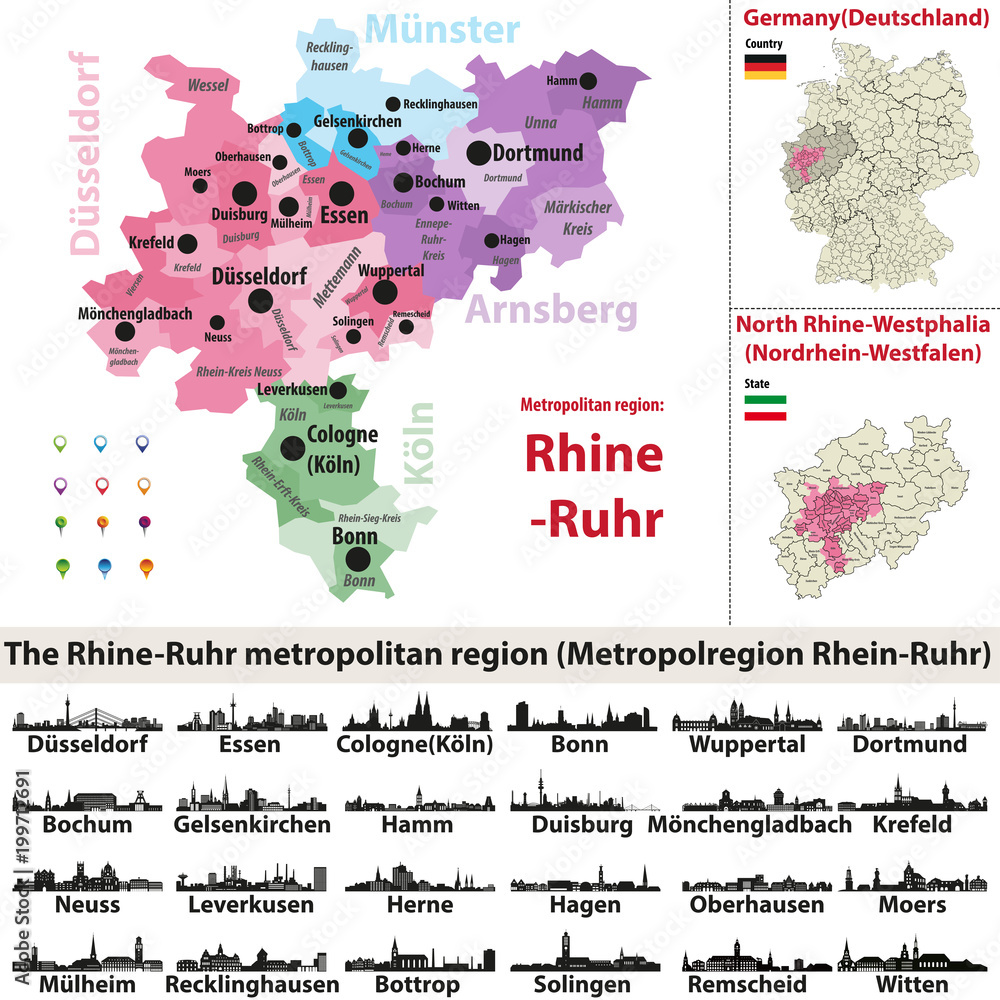 The Rhine-Ruhr metropolitan region vector map with largest cities ...