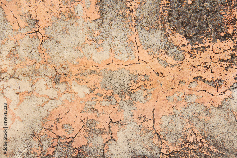 Old flaky paint peeling off grungy cracked wall. Cracks, scrapes ...