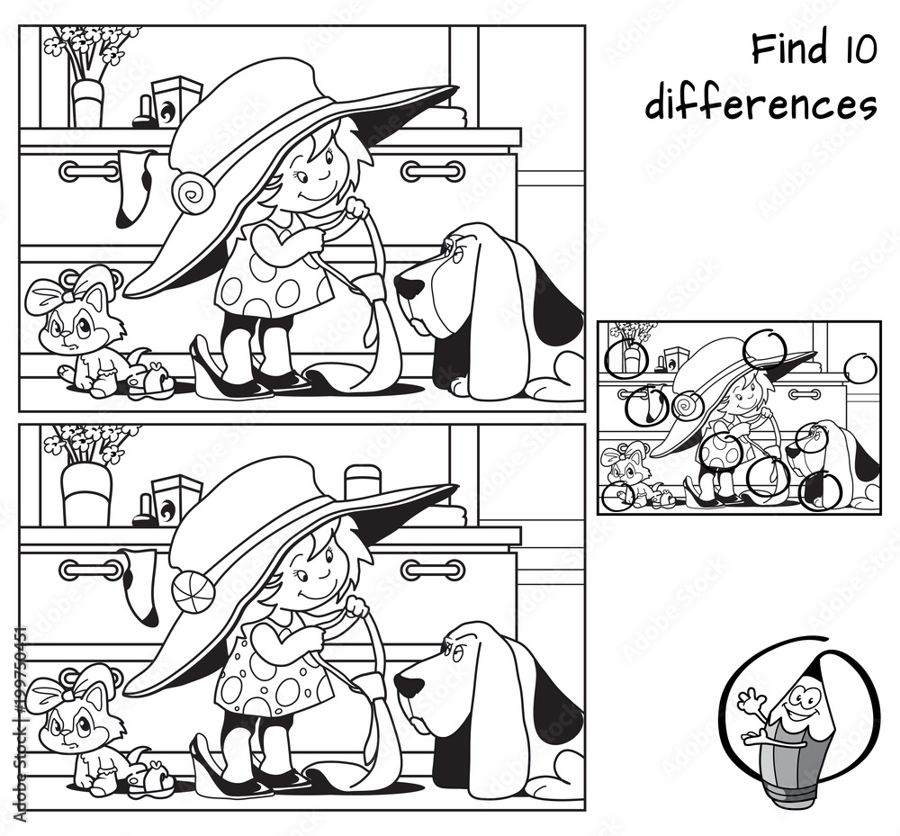 Vetor de Little girl in her mother's clothes plays with her pets. Find ...