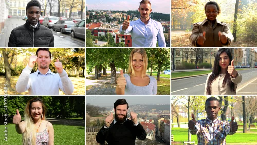 4K compilation (montage) - group of nine people smile and show double ...