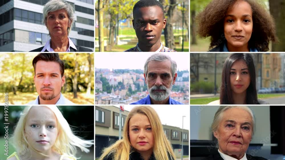 4K compilation (montage) - group of nine people look at the camera in ...