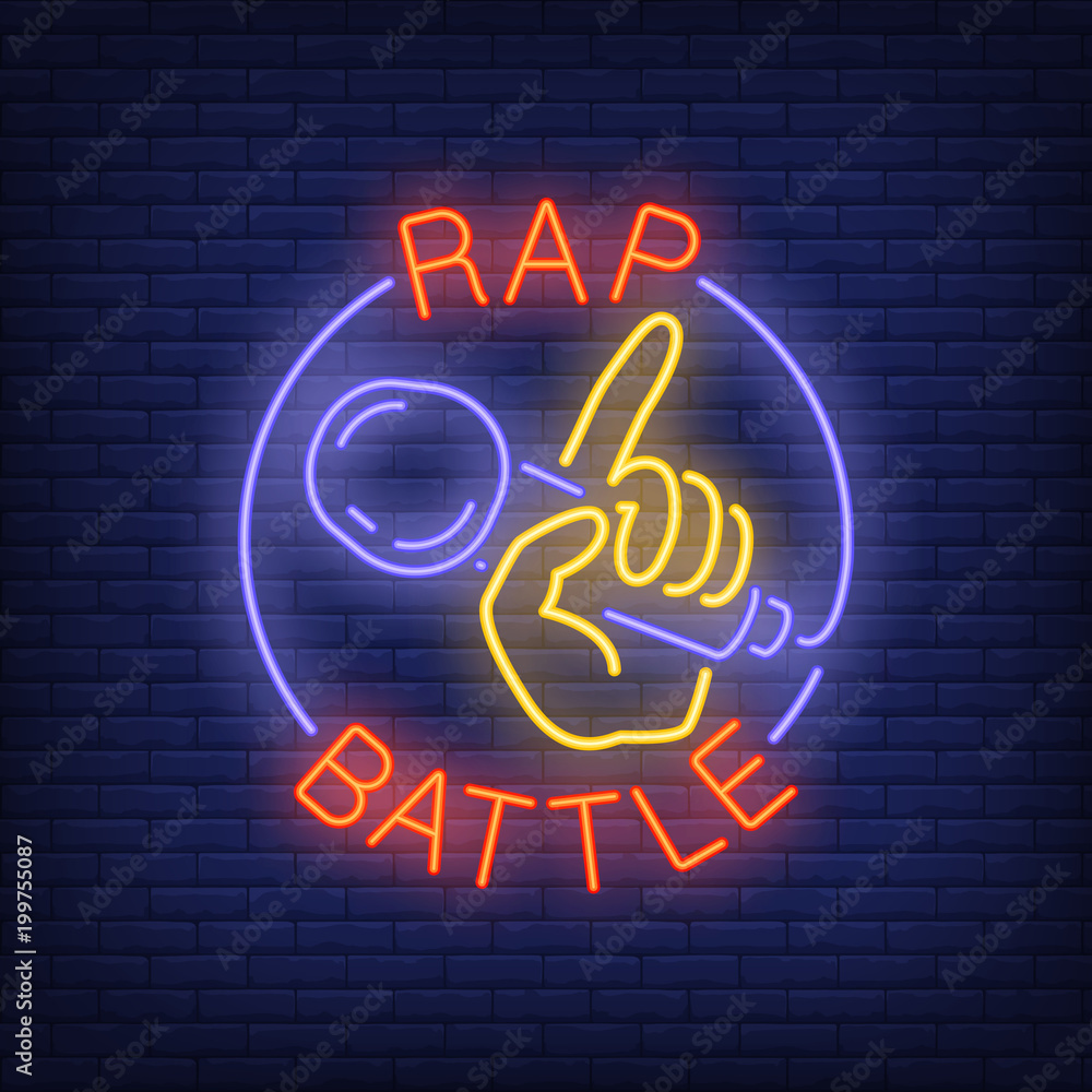Rap battle neon text and hand holding microphone. Neon sign, night ...