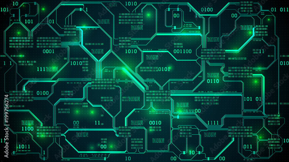 Abstract Futuristic Electronic Circuit Board With Binary Code Neural